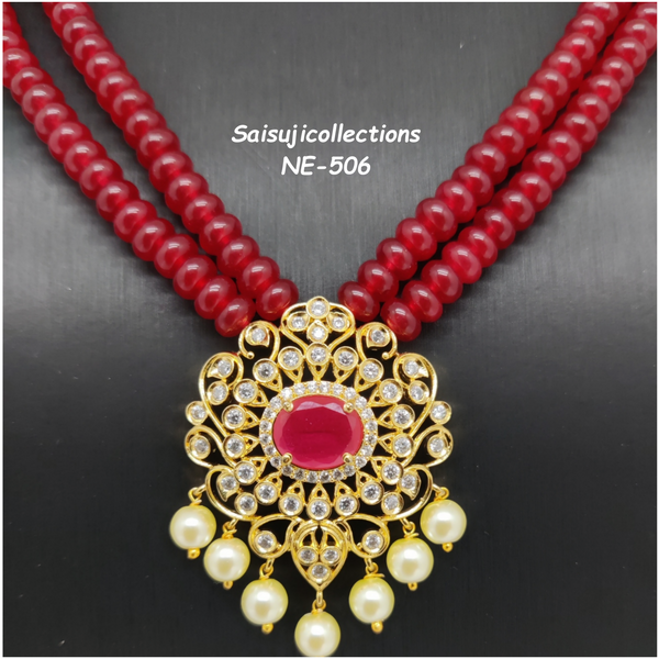 Beautiful 2 Lane Ruby Beads Mala With AD And Ruby Stone Locket And Ear ...